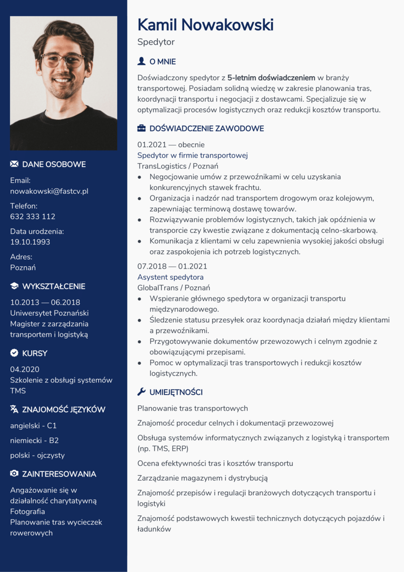Jak napisać CV dla spedytora - przykłady i wskazówki | Kreator FastCV